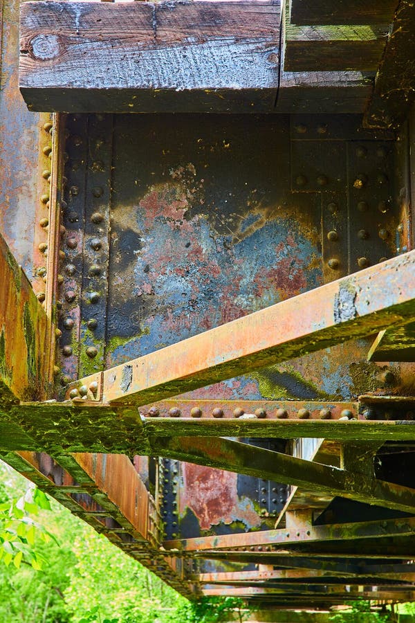 Underside of Railroad Bridge with Green and Yellow Corrosion and Blue ...