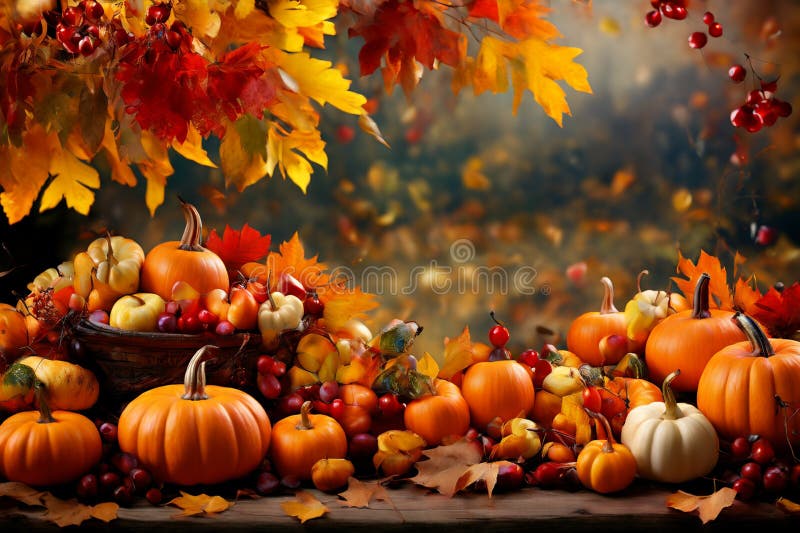 Autumnal Abundance: a Variety of Pumpkins Amidst Fall Elements Stock ...