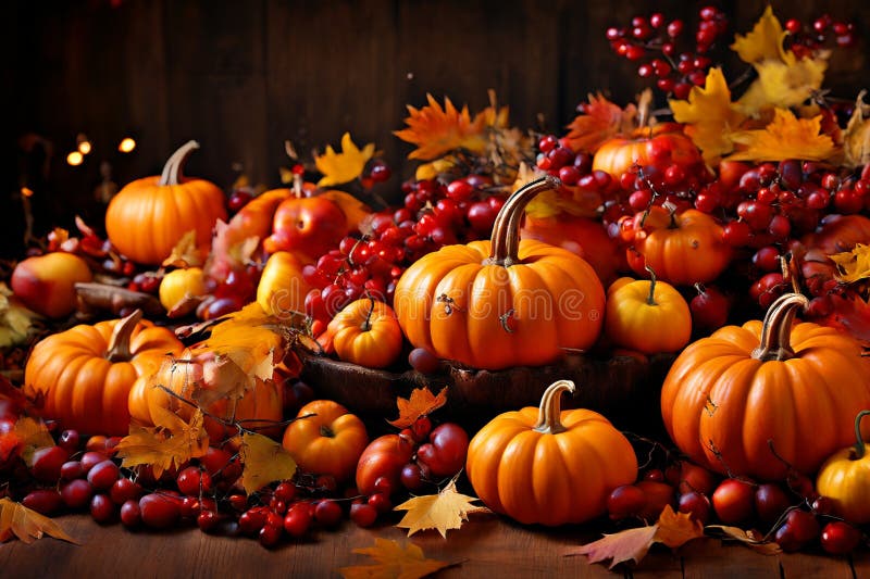 Autumnal Abundance: a Variety of Pumpkins Amidst Fall Elements Stock ...