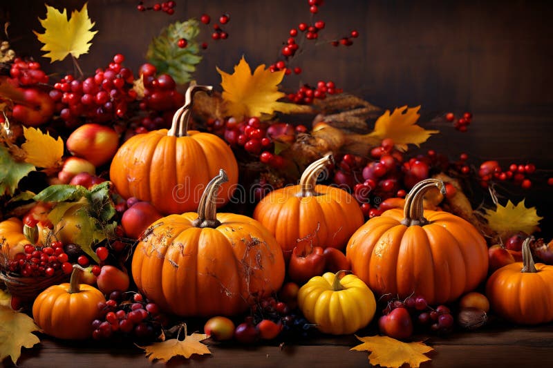 Autumnal Abundance: a Variety of Pumpkins Amidst Fall Elements Stock ...