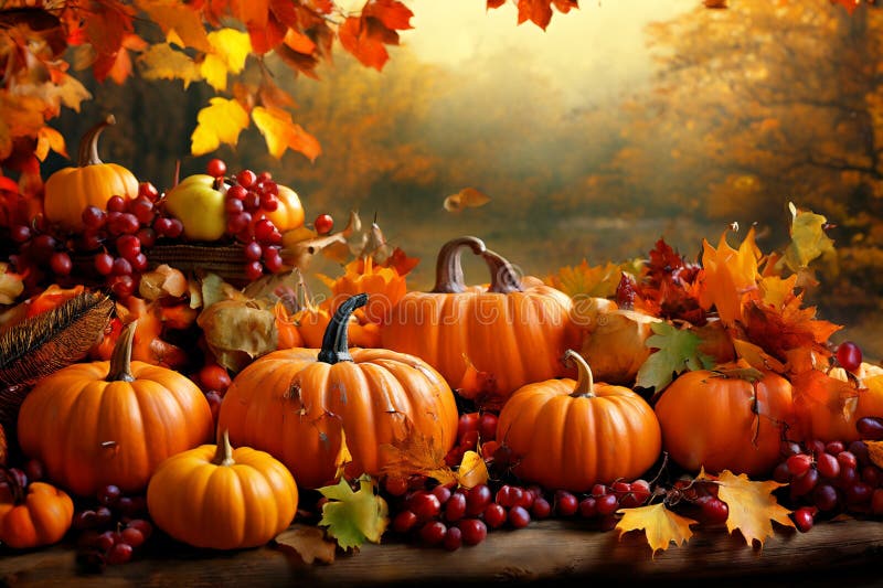 Autumnal Abundance: a Variety of Pumpkins Amidst Fall Elements Stock ...