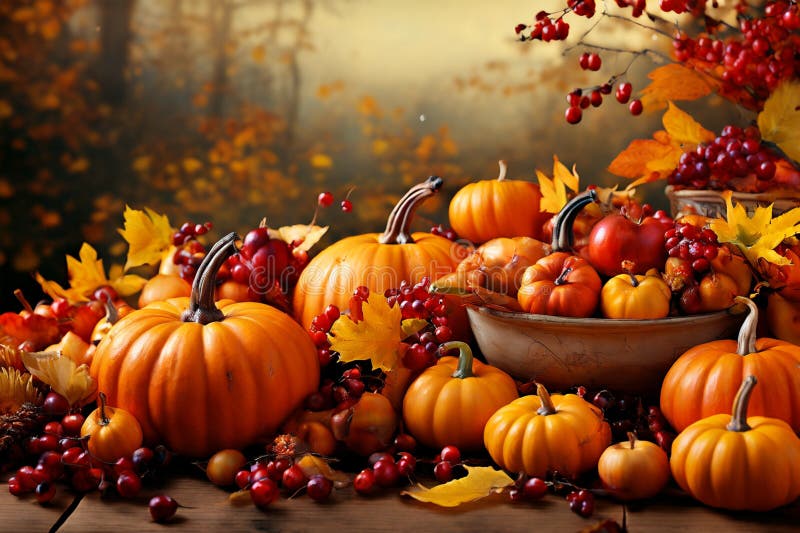 Autumnal Abundance: a Variety of Pumpkins Amidst Fall Elements Stock ...