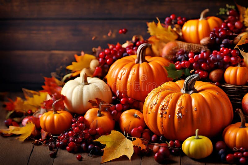 Autumnal Abundance: a Variety of Pumpkins Amidst Fall Elements Stock ...