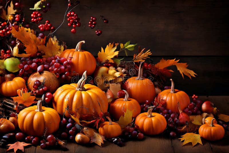 Autumnal Abundance: a Variety of Pumpkins Amidst Fall Elements Stock ...