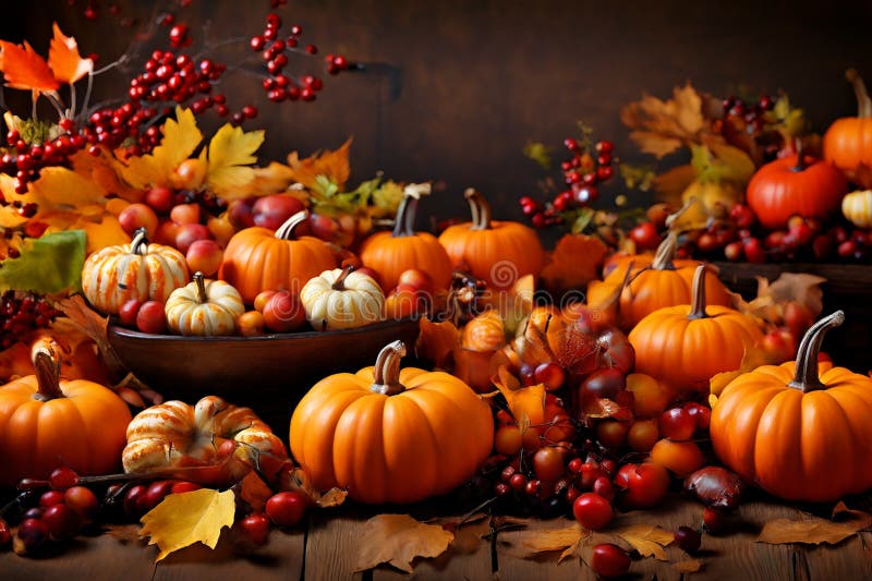 Autumnal Abundance: a Variety of Pumpkins Amidst Fall Elements Stock ...