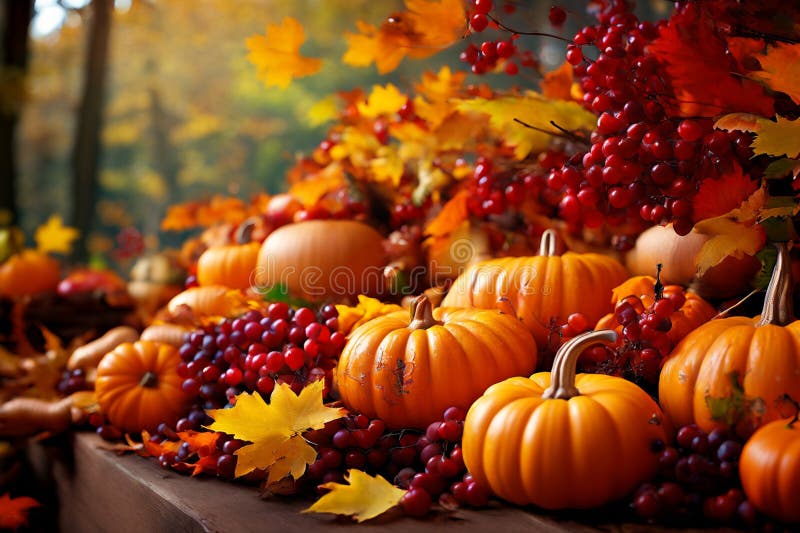 Autumnal Abundance: a Variety of Pumpkins Amidst Fall Elements Stock ...