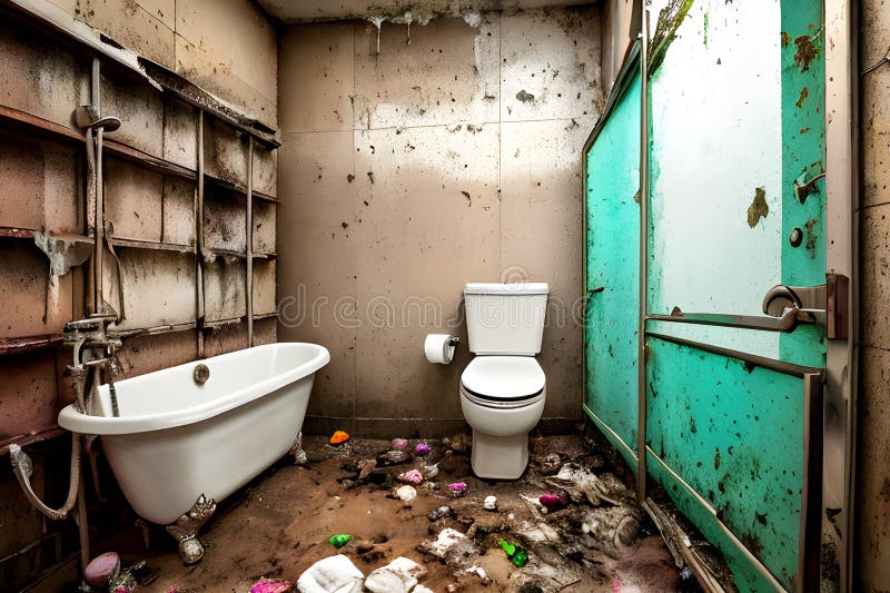 Image of the Unorganized or Abandoned Bathroom with Bath Tub, Toilet ...