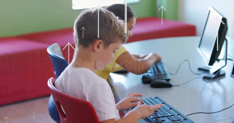 Image of Up Arrows Over Diverse Boys Learning To Use Computer in School ...