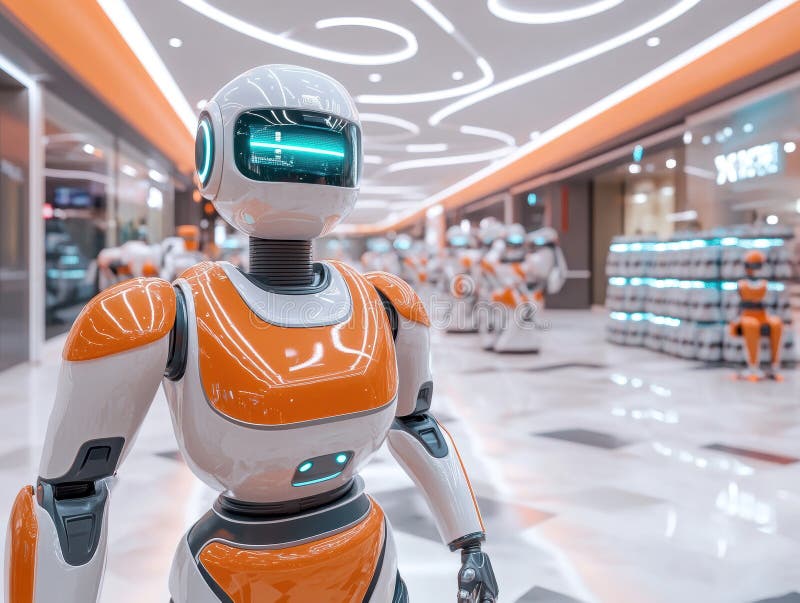 Image of an Upscale Mall Setting Featuring Two White Robot Models with ...