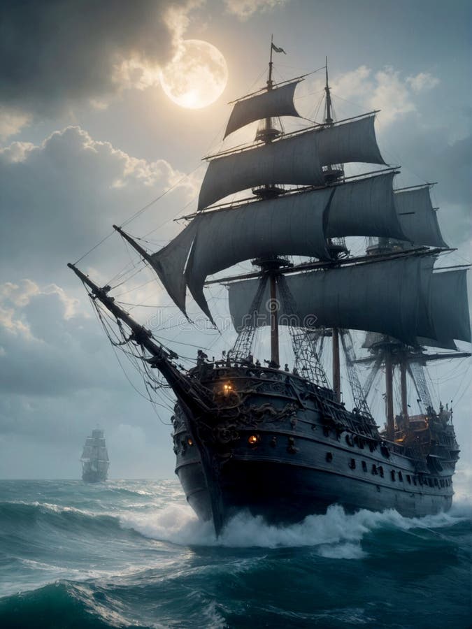 The Pirate Ship is Being Chased by the Enemy Stock Illustration ...