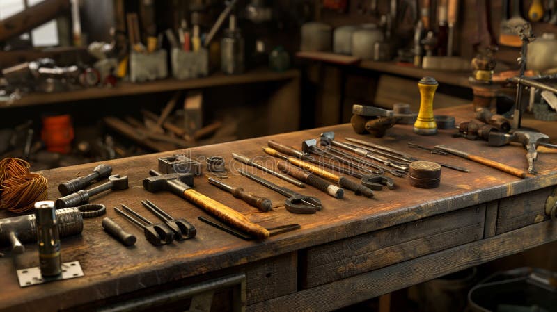 Various Tools Arranged on an Old Wooden Workbench Stock Photo - Image ...