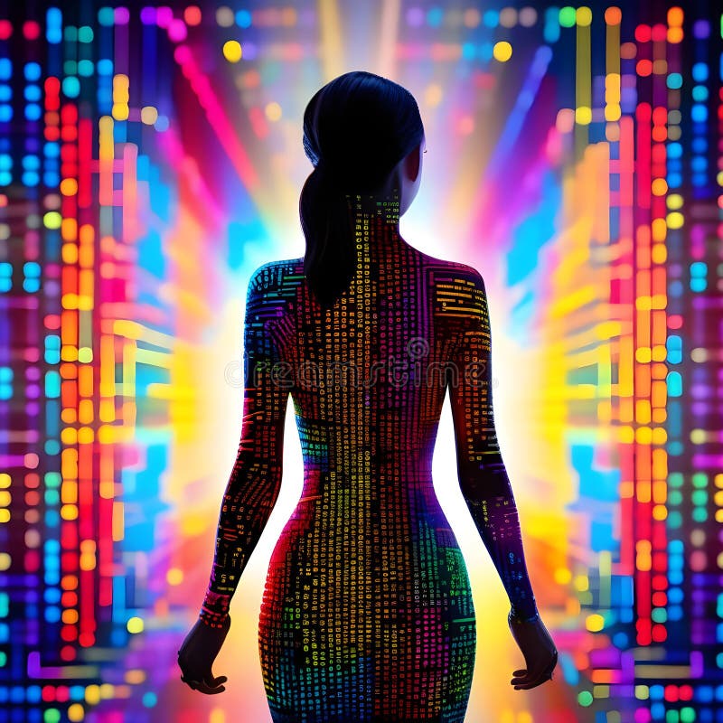 Image of a Vibrant Cascade of Colorful Binary Matrix Code, Forming the Silhouette of a ...