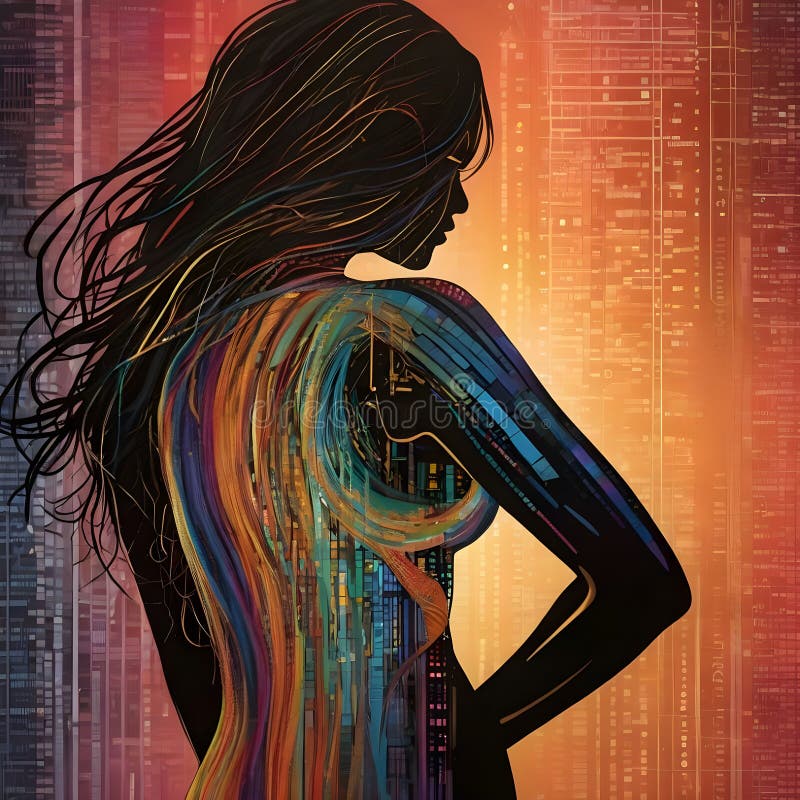 Image of a Vibrant Cascade of Colorful Binary Matrix Code, Forming the Silhouette of a ...