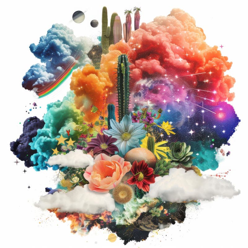 Cosmic Bloom: a Vibrant Collage of Nature and Celestial Wonders Stock ...