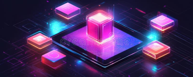 Futuristic Cube Orbit in Neon Space Grid Art Stock Image - Image of ...