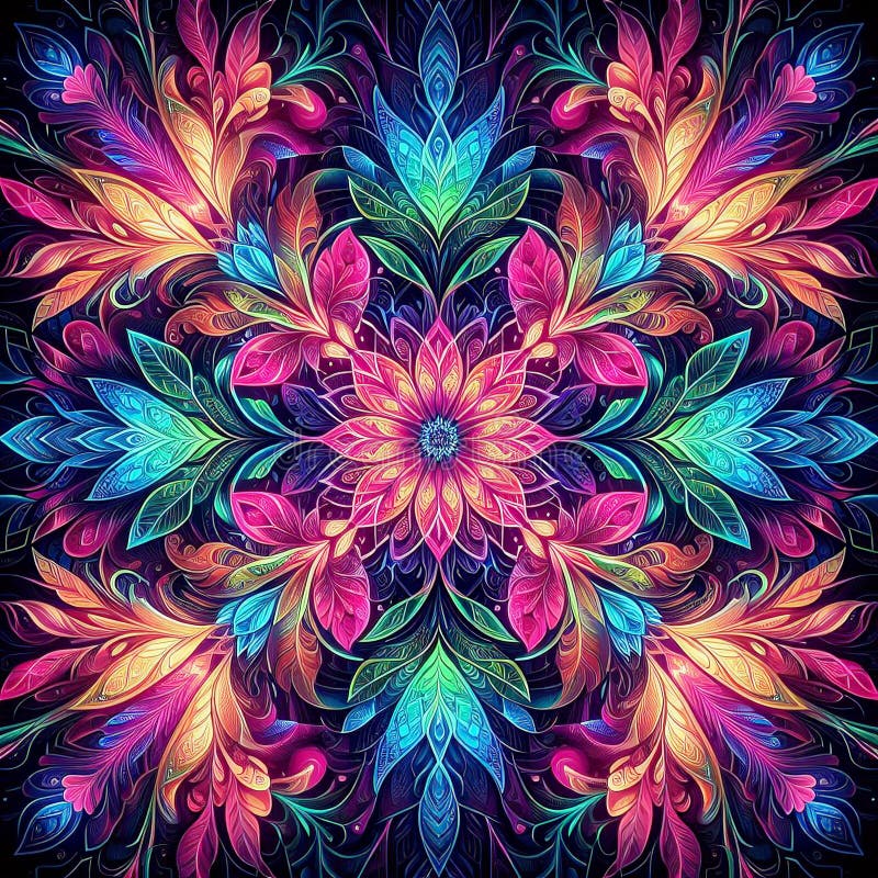 A Dazzling Neon Kaleidoscope Floral Postcard Illustration with Vibrant ...
