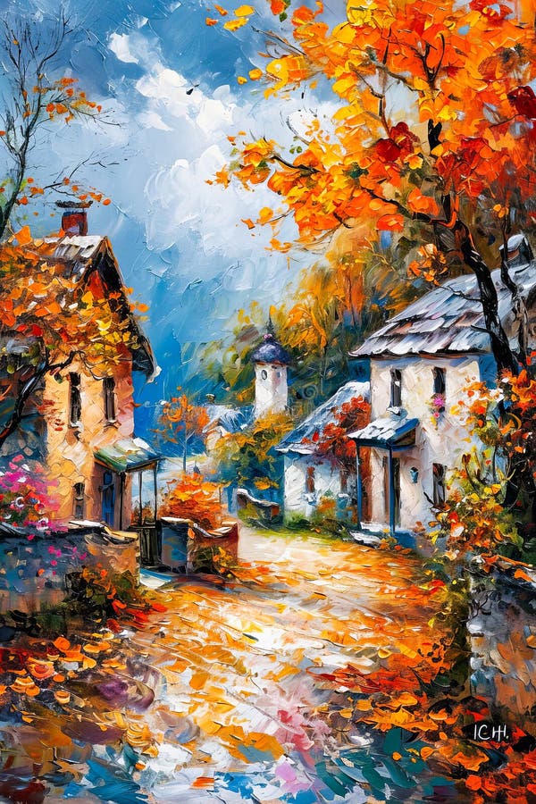 Image of Village with Fall Colors and Blue Sky. Generative AI Stock ...