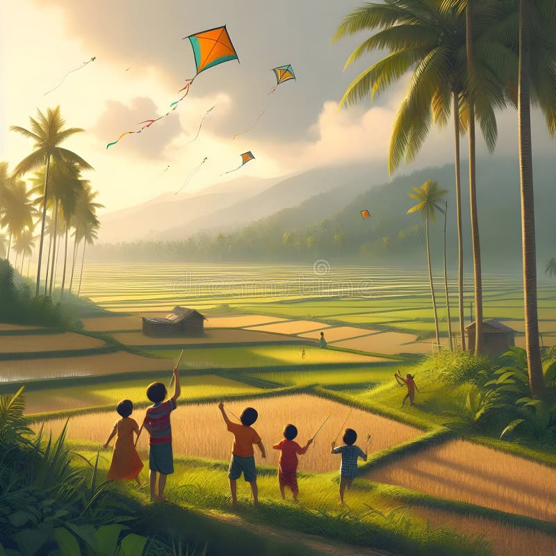 Image of Village Kids Flying Kite Around Their Paddy Field Area. Stock ...