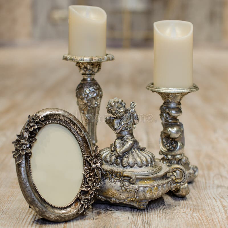 Image of Vintage Antique Classical Frame and Candle on Wooden Table ...
