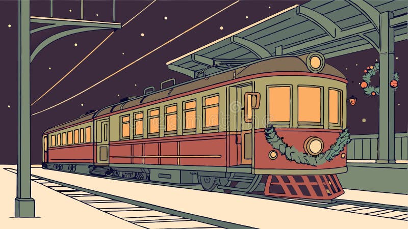 Image of Vintage Christmas Decorated Train at Night on a Railroad ...
