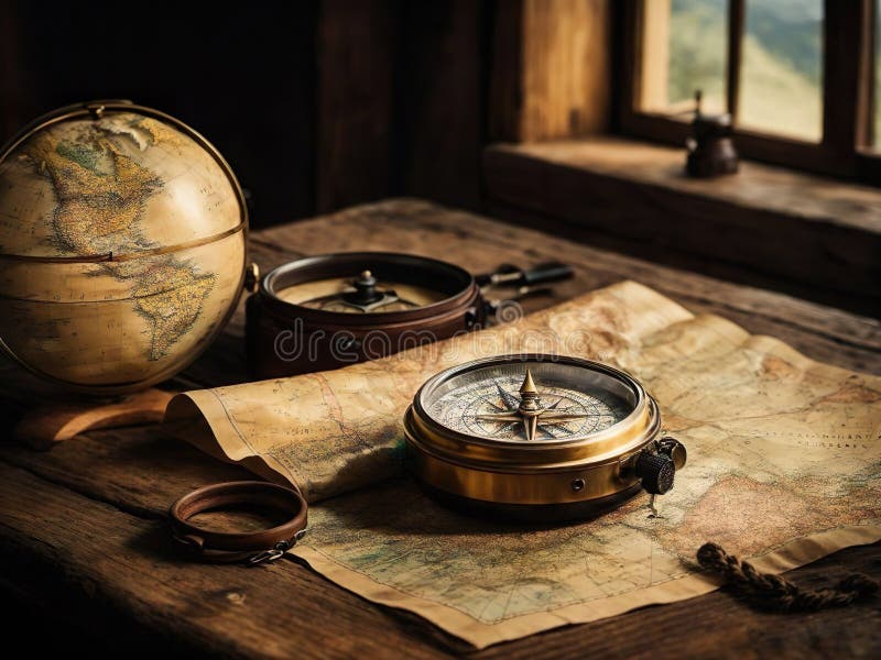 Adventure Map and Compass stock image. Image of glass - 290756163