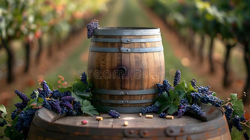 Image of a Vintage Wine Barrel in a Vineyard with Grape Vines. Concept ...