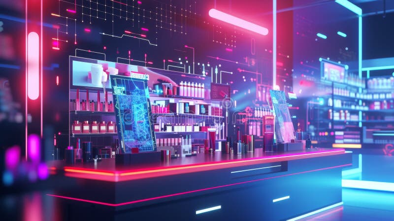 High-tech Retail Counter with Digital Screens and Neon Lighting Stock ...