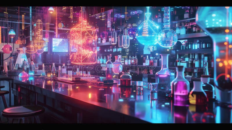Futuristic Neon Laboratory Bar with Glowing Bottles and Flasks Stock ...