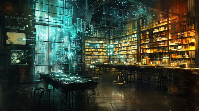 High-Tech Library with Digital Displays Stock Image - Image of portrait ...