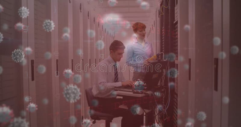 Image of Virus Cells Over Caucasian Workers in Server Room Stock Photo ...