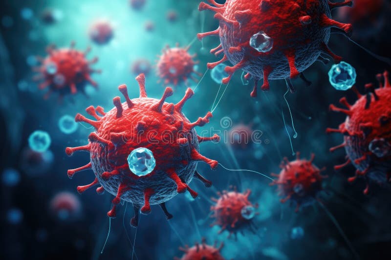 Image of a Virus Surrounded by Immune Cells in Red-blue Hues Stock ...