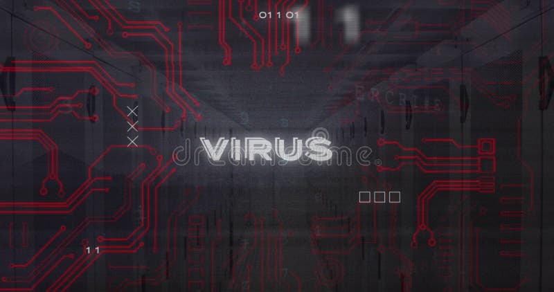 Image Of Virus Text Binary Codes And Circuit Board Pattern Over Server