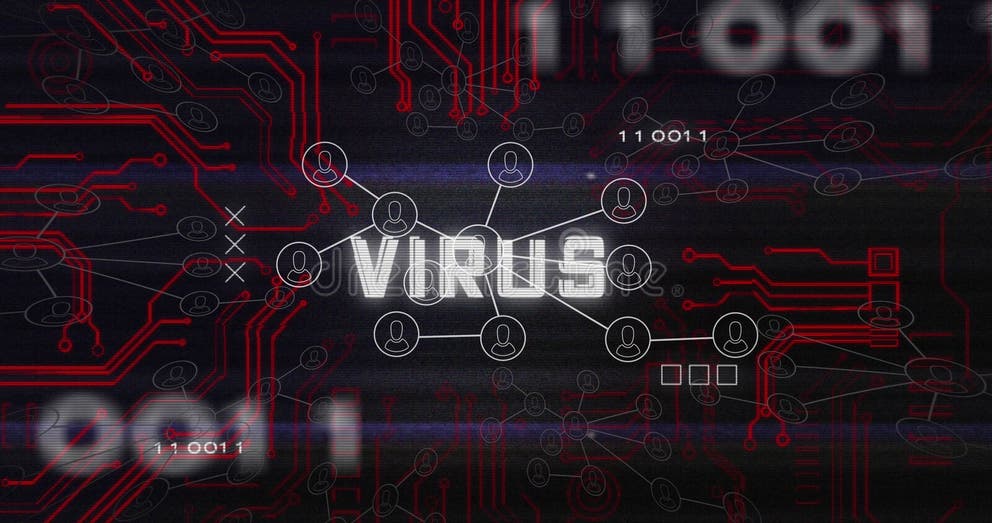 Image of Virus Text, Binary Codes Over Connected Icons Against Circuit ...