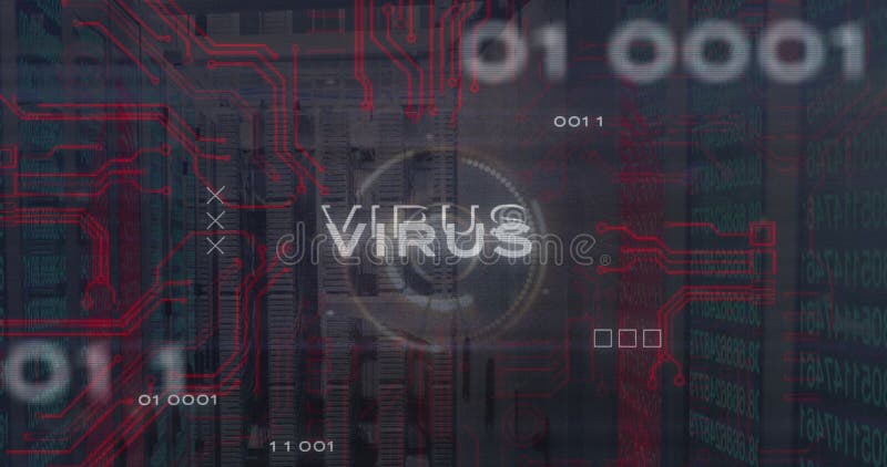 Image of Virus Text on Circles, Circuit Board Pattern, Binary Codes, Numbers on Server Room ...