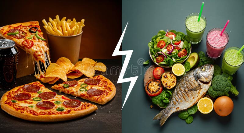 Food Comparison: Junk Food Vs Healthy Fresh Food Stock Illustration ...