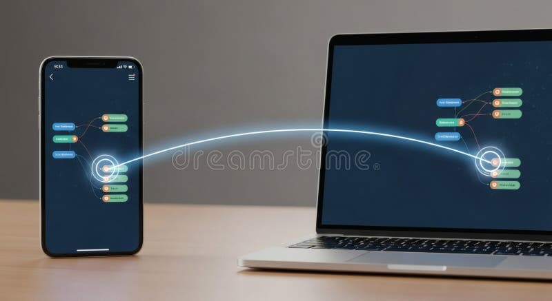 Digital Workflow Synchronization: Smartphone and Laptop Connection Stock Illustration ...