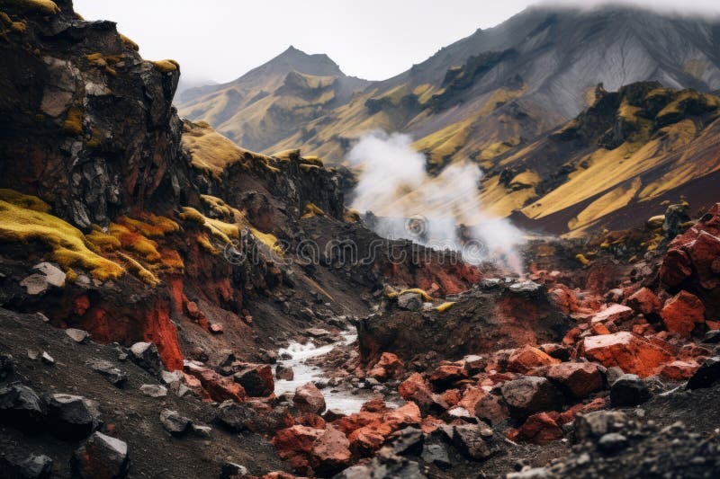 An Image of a Volcano with Red Rocks and Steam Coming Out of the Ground ...