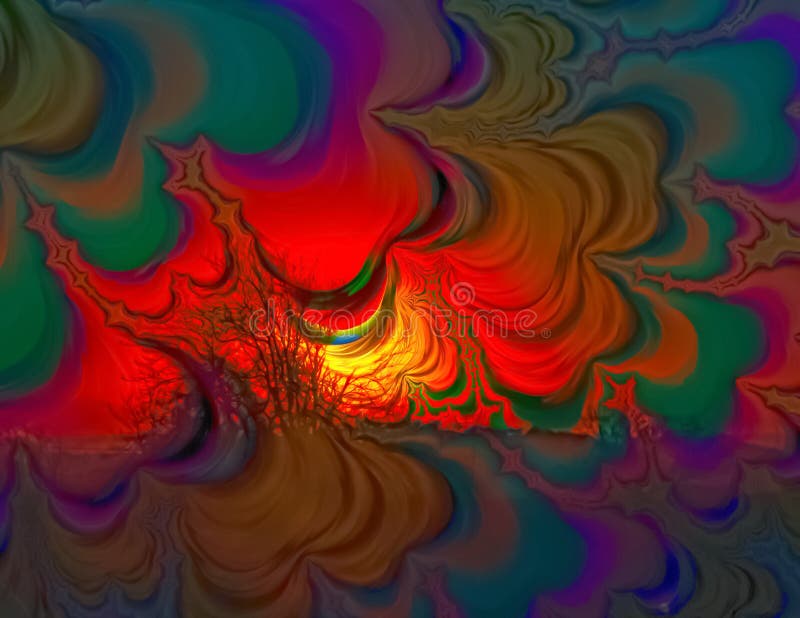 Sunset with Trees and Fractals Pattern Overlay Artistic Design Stock ...