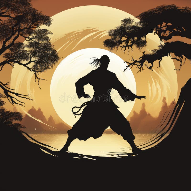Silhouette of Martial Arts Kung Fu Man Standing. Shaolin Master ...