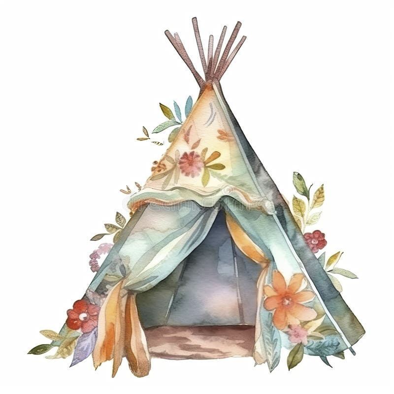 Watercolor Illustration of a Boho Tent with Flowers Stock Illustration ...