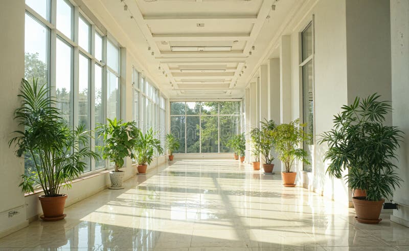 Bright Modern Corridor with Large Windows and Lush Green Plants ...
