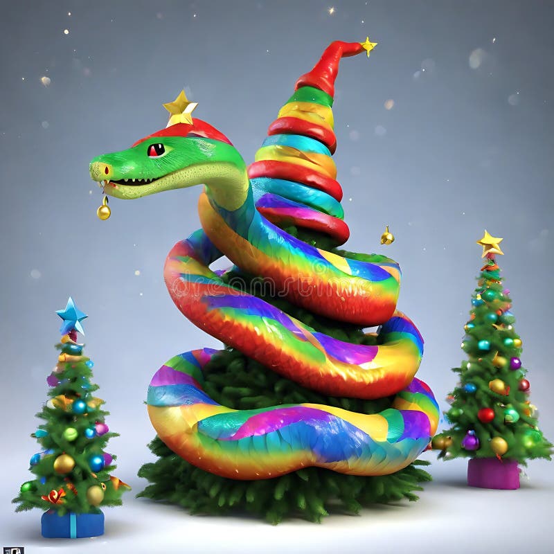 A Large Snake Wrapped Around a Christmas Tree. the Snake is Painted in ...
