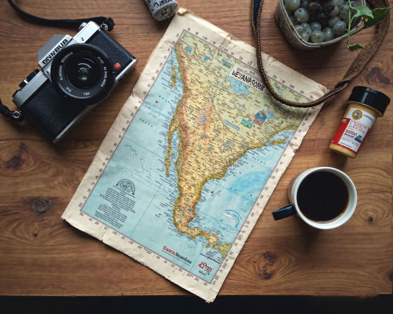 Planning Adventures: Coffee, Maps, and Memories Stock Illustration ...