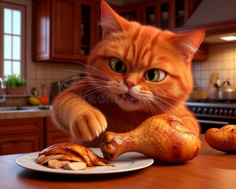 3d Ginger Cat Stealing a Chicken Leg from a Plate Stock Illustration ...