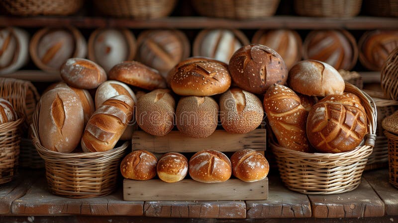 Assorted Bread Baskets Showcased at a Local Bakery Stock Image - Image ...