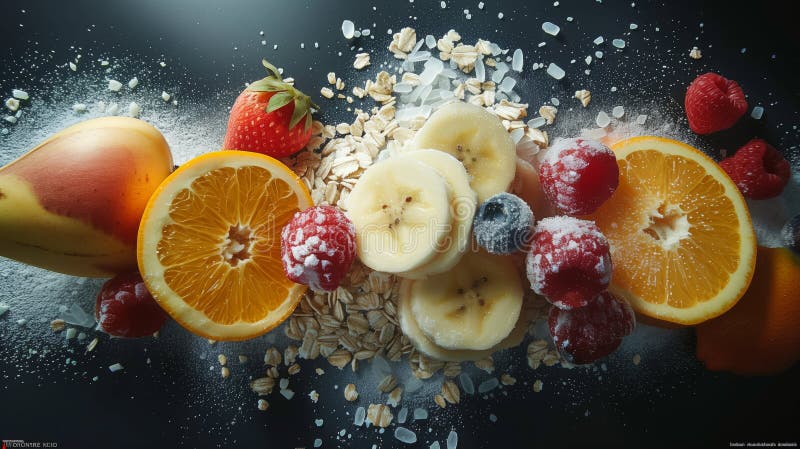 Assorted Fruits and Oats on a Table, Natural Foods Display Stock Image ...