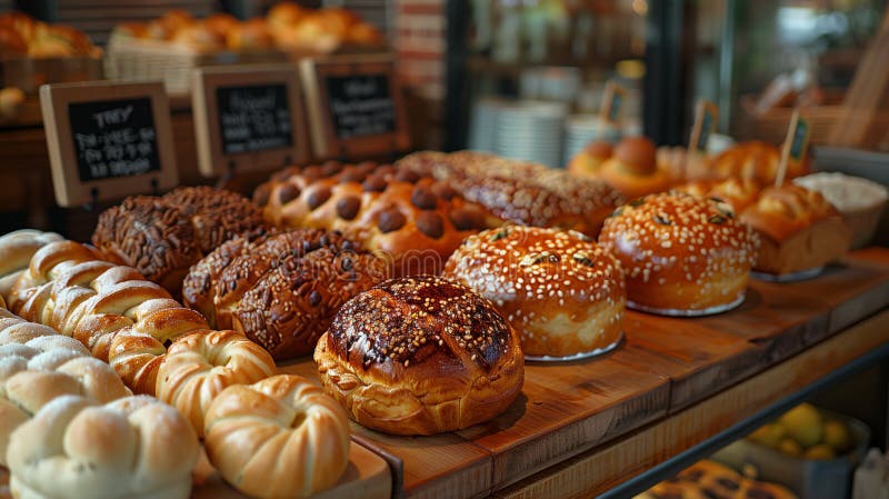 Assorted Pastries Showcased on Wooden Bakery Table Stock Photo - Image ...
