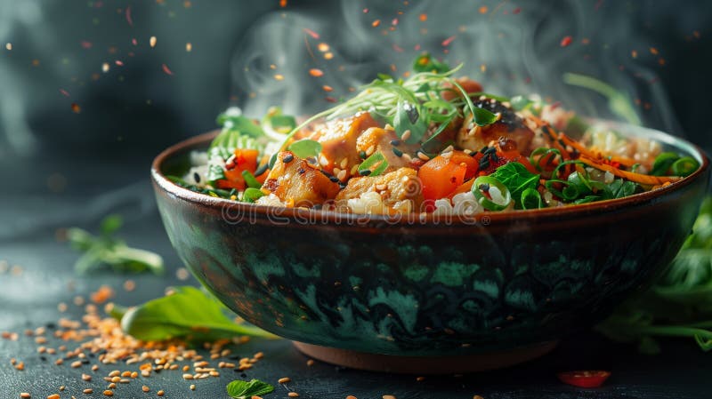 A Bowl of Food with Smoke Coming Out of it on a Table Stock Photo ...