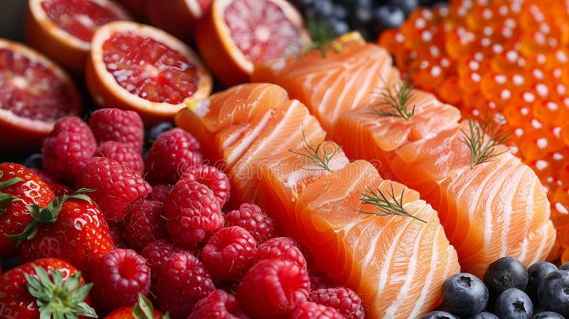 Close Up of a Dish Featuring a Mix of Natural Foods Like Fruit and Fish ...