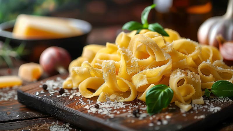 Comfort Food Pasta with Cheese and Basil on a Wooden Board Stock Image ...